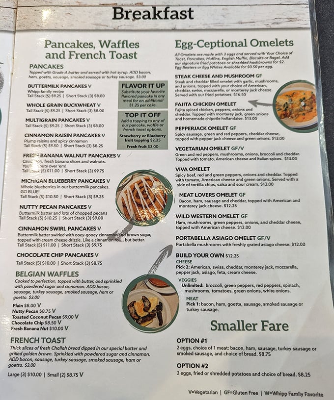 This isn't just a menu—it's a roadmap to happiness. The "Egg-Ceptional Omelets" section alone could solve most of life's problems.