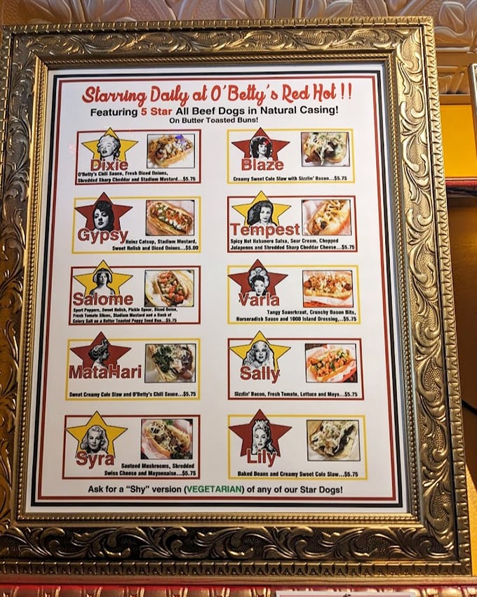 The menu reads like a playbill for a Broadway show starring all-beef dogs in natural casings—each named after famous performers and ready for their culinary spotlight.
