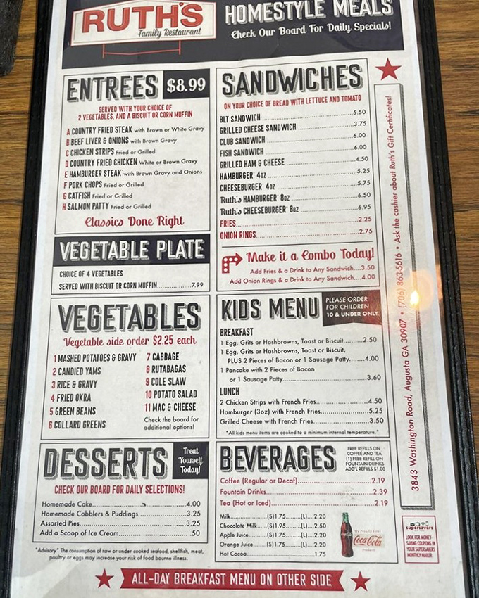 The menu at Ruth's doesn't need fancy fonts or pretentious descriptions—just honest food categories and the promise of "Classics Done Right."