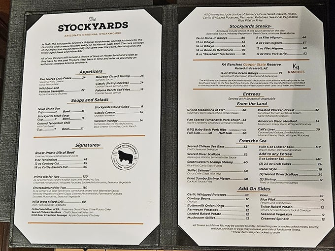 A menu that reads like a love letter to beef—each description making your stomach growl loud enough to startle nearby diners.