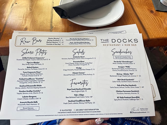 A menu that reads like a love letter to the sea. Each item promises a maritime adventure without requiring you to know port from starboard.