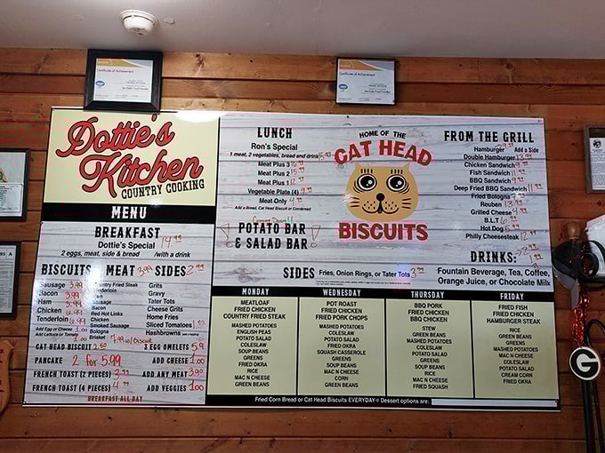 When the menu board features a smiling cat mascot next to "CAT HEAD BISCUITS," you know you're in for something special.