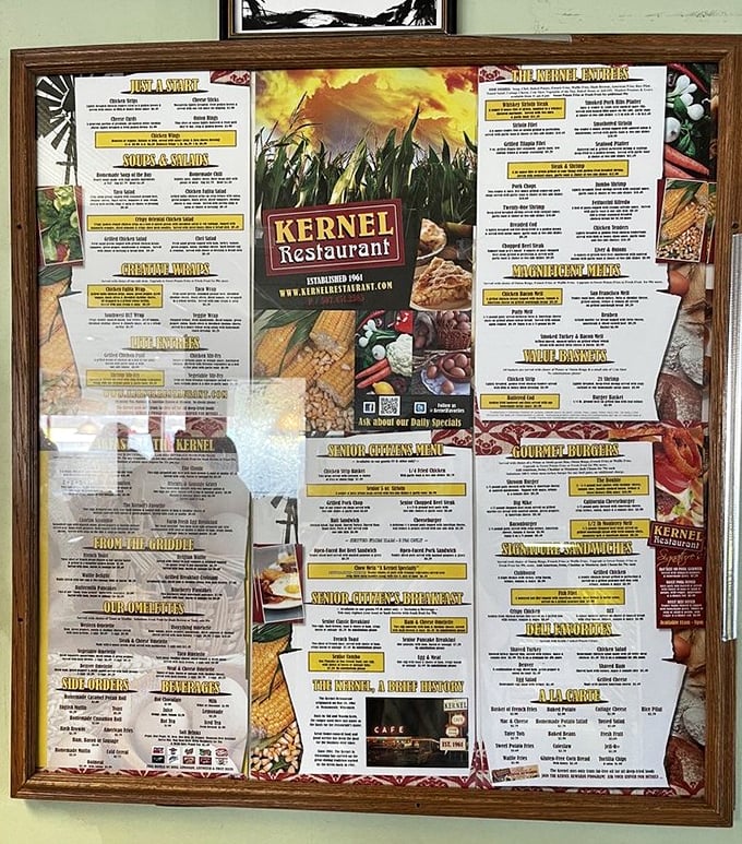 This menu board tells an epic story of Midwest comfort, where every section promises satisfaction and nobody leaves hungry.
