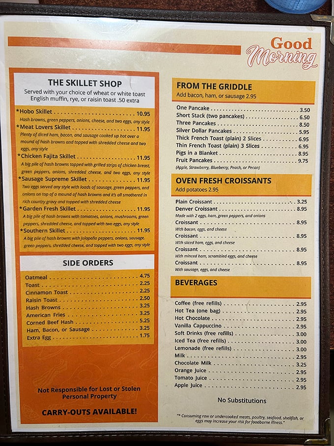 The menu reads like a love letter to breakfast classics—where "Hobo Skillet" isn't just a meal, it's a morning adventure waiting to happen.