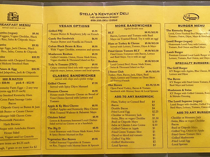 The unassuming yellow menu doesn't need fancy fonts or flowery descriptions—it simply lists the ingredients to happiness, Kentucky-style.