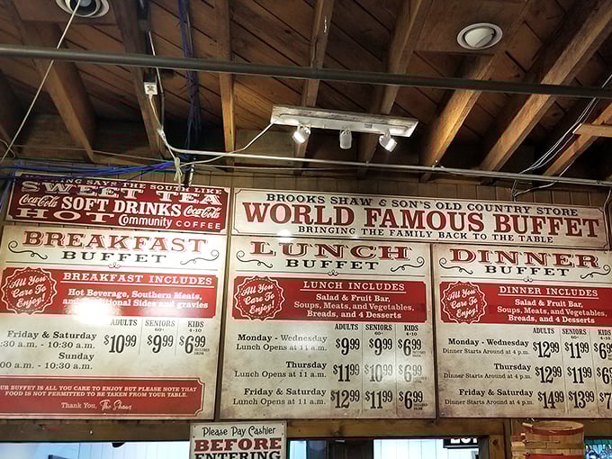 The World Famous Buffet menu board proudly announces breakfast, lunch, and dinner offerings—a roadmap to culinary bliss that locals have followed for generations.