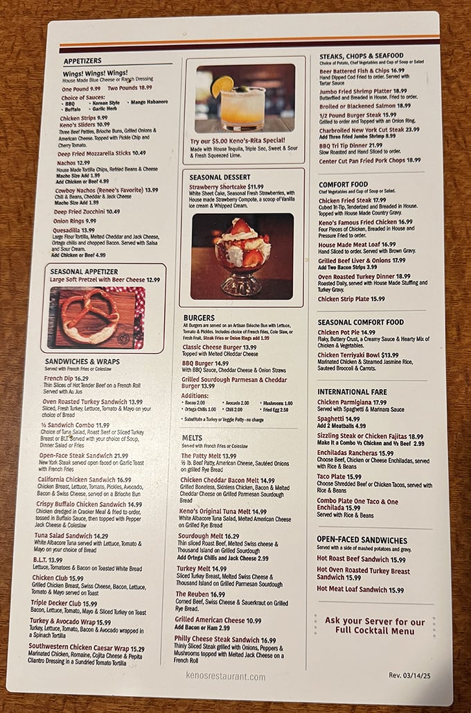 Keno's menu reads like a love letter to American comfort food classics – each page a tempting roadmap to culinary satisfaction.