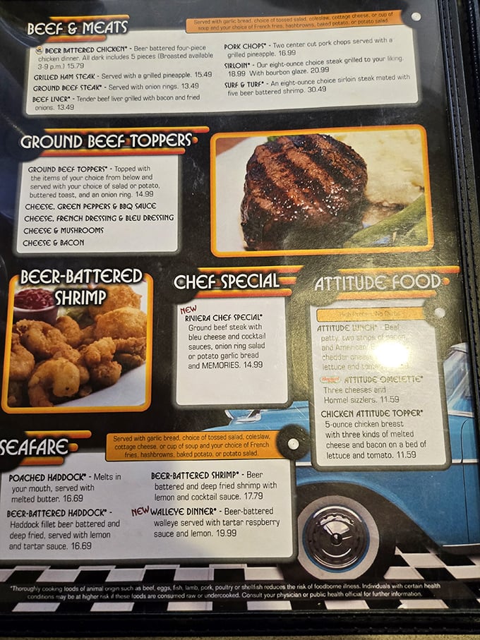 This menu proves Kenny's Oak Grill takes beer-battering seriously, from shrimp to walleye to just about everything delicious.