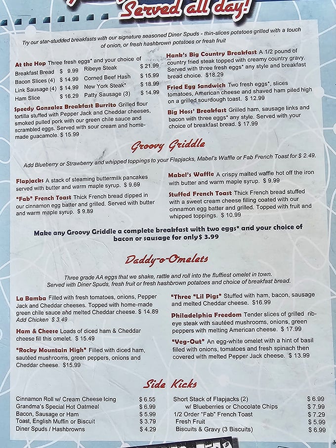 This menu isn't just offering food—it's presenting life choices. "Groovy Griddle" isn't just a section name; it's a philosophy that should be applied to more of life's decisions.