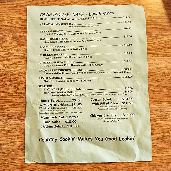 This menu isn't just a list – it's a love letter to Southern cooking. "Country Cookin' Makes You Good Lookin'" isn't just cute, it's a promise.