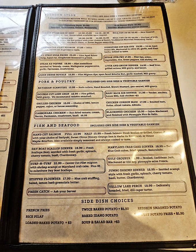 The menu reads like a love letter to carnivores and seafood enthusiasts alike – surf and turf heaven in landlocked Ohio.