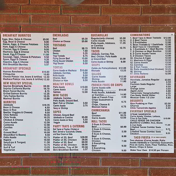 This menu isn't just a list—it's a treasure map. Each brick-mounted section guides you to your next favorite meal.