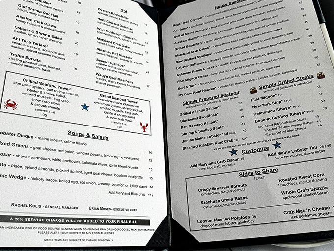A menu that reads like poetry to seafood lovers. Choosing between lobster bisque and crab cakes might be the hardest decision you'll make all week.