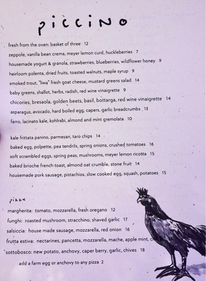 This isn't just a menu—it's a roadmap to happiness. The rooster illustration seems to say, "Trust me, I know what's good."