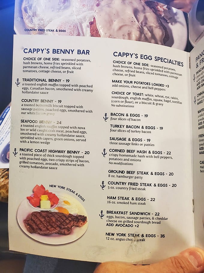 This menu isn't just a list of options—it's a roadmap to breakfast nirvana where the Benny Bar section deserves its own zip code.