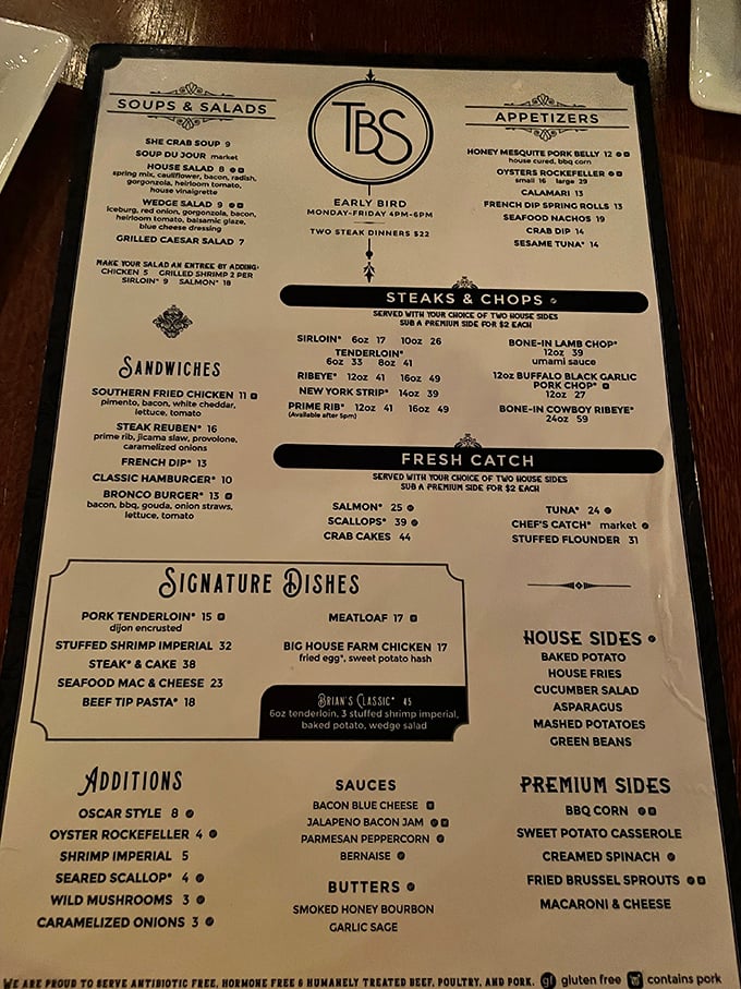 A menu that cuts straight to the chase—no flowery descriptions needed when your steaks speak this eloquently. That Early Bird special might be Virginia's best-kept secret.