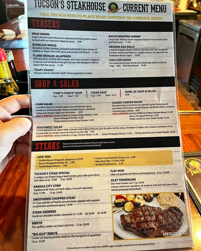A menu that reads like poetry to carnivores. The "Big Guy" Ribeye isn't just a meal—it's a challenge worthy of a Kansas appetite.