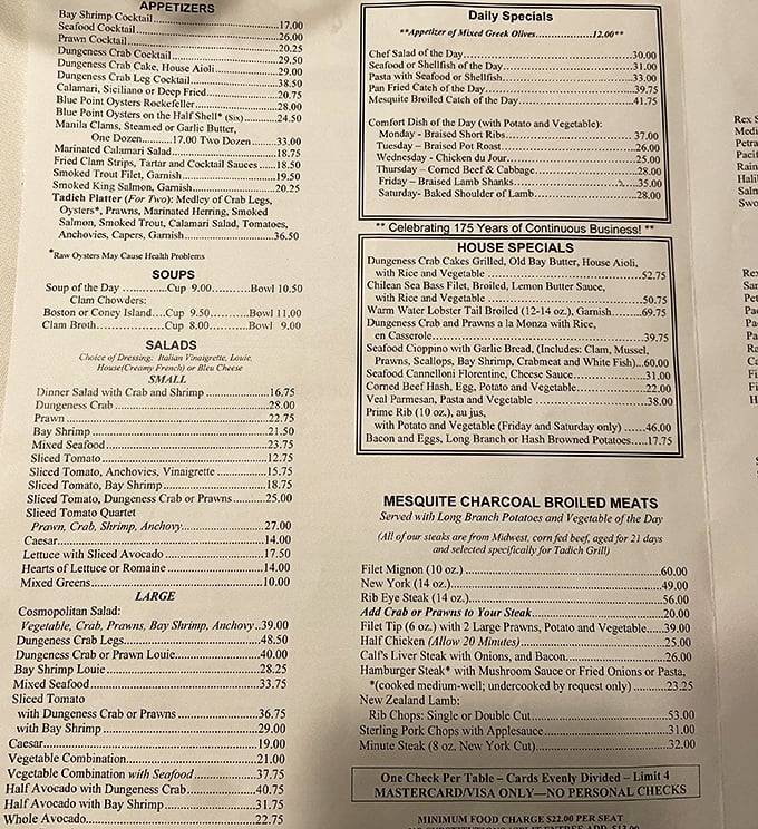 The menu reads like a love letter to seafood – notice how the "House Specials" section makes your mouth water before you've even ordered.