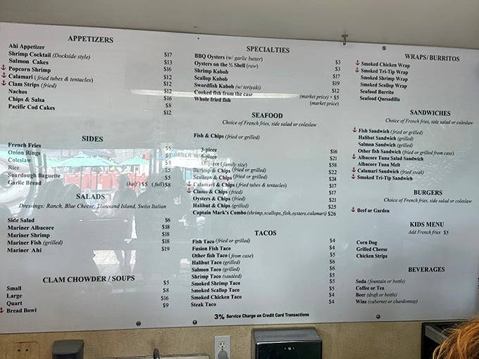 This menu isn't just a list of dishes – it's a maritime treasure map where X marks the spot for seafood nirvana. Choose your adventure wisely.