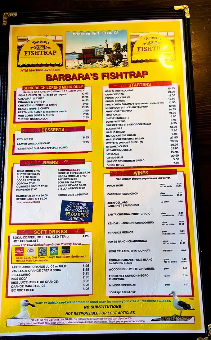 This menu isn't just a list of options—it's a treasure map to seafood nirvana, with the fish and chips clearly marked as the X.