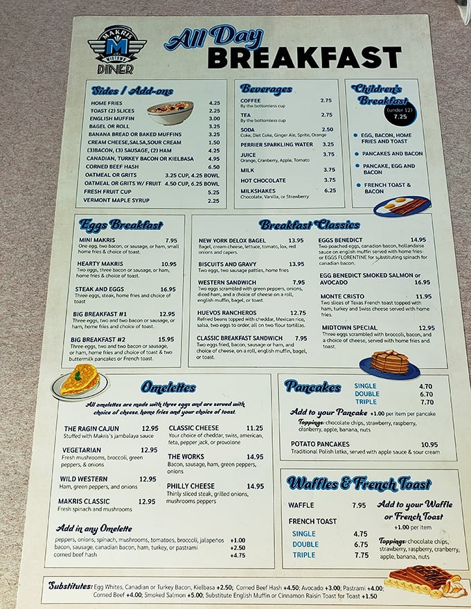 The all-day breakfast menu at Makris reads like a love letter to American diner classics, with enough options to satisfy even the most indecisive eater.