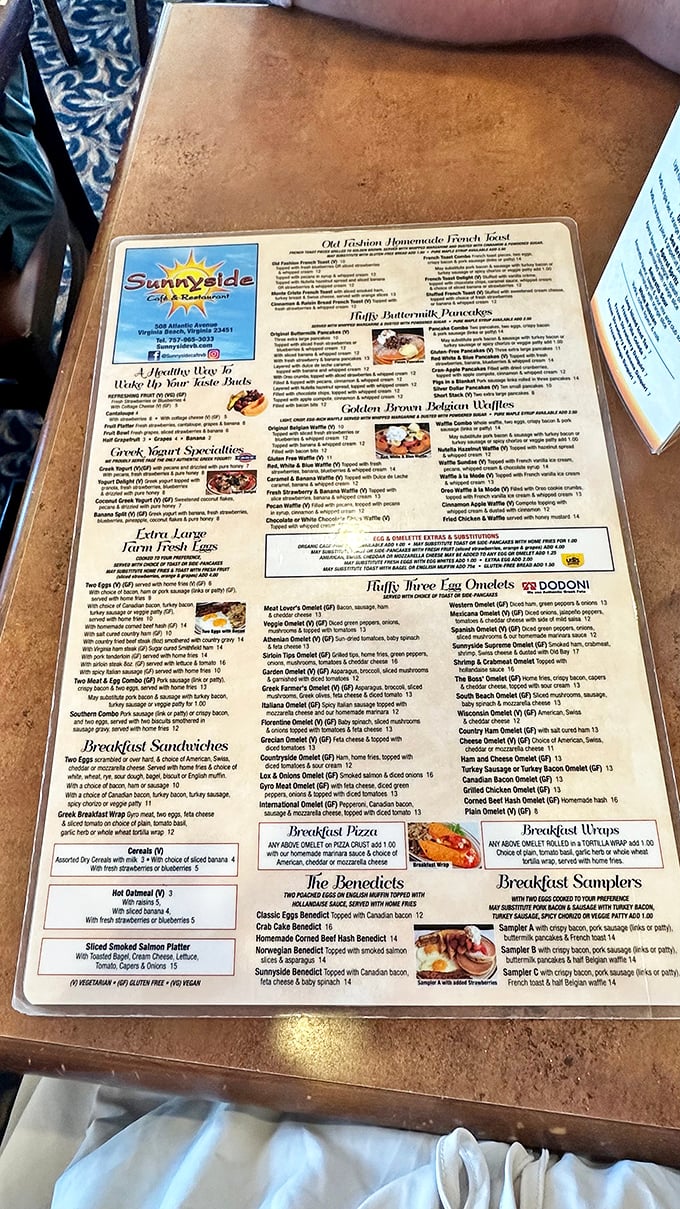 This menu isn't just extensive—it's a novel of breakfast possibilities that might require a second cup of coffee just to finish reading.