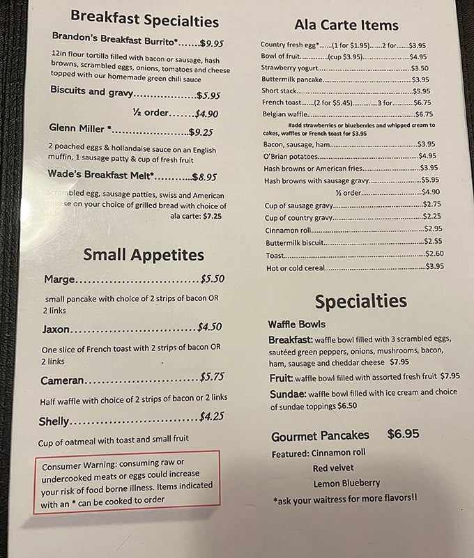 This menu reads like a love letter to comfort food, promising breakfast adventures ahead.