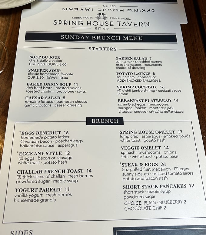 The Sunday Brunch menu reads like a love letter to morning indulgence—challah French toast, steak and eggs, and that crab-asparagus-smoked gouda omelet calling my name.