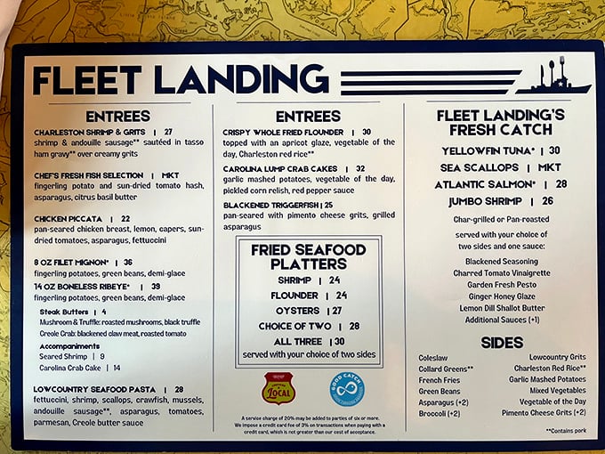 The menu reads like a love letter to Lowcountry cuisine, with Charleston Shrimp & Grits taking center stage in this seafood symphony.