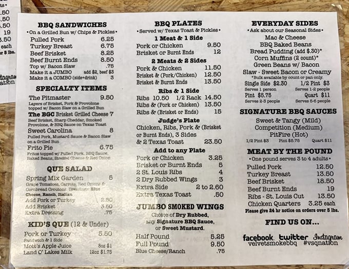 A menu that speaks the universal language of smoked meat fluently, offering everything from burnt ends to Frito Pie glory.