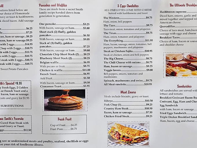 Notice those blueberry pancakes and omelet options listed—but the burgers below are the plot twist nobody saw coming.