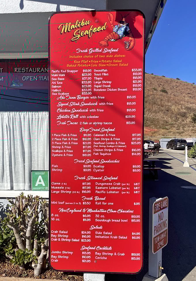 The legendary red menu board—a siren song of seafood possibilities. Study it carefully while in line; this is one test you'll want to ace.