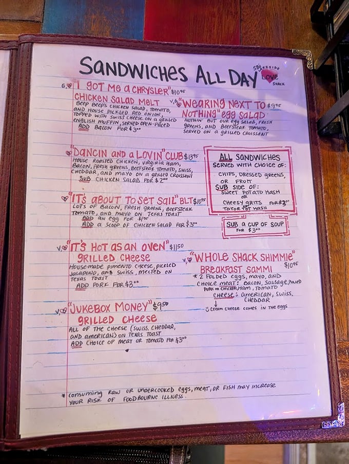 The handwritten menu reads like love letters to comfort food. Each sandwich name tells you exactly what kind of day you're about to have.