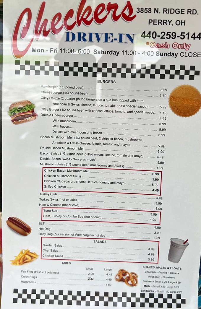 The menu board reads like a love letter to American roadside cuisine—straightforward, honest, and guaranteed to satisfy any craving that brought you to Perry.