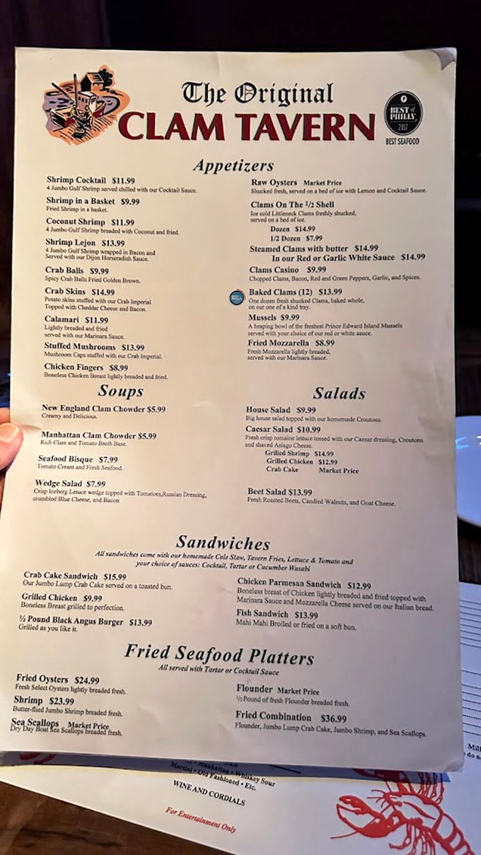 A menu that reads like poetry to seafood lovers. Notice there's no "market price" for happiness—that comes standard with every order.