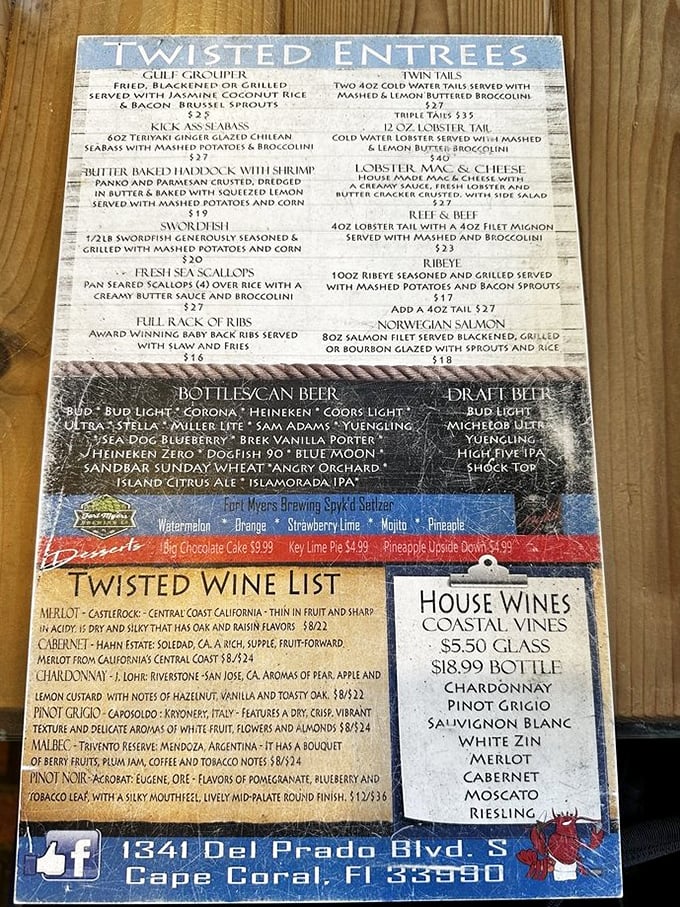 This menu isn't just a list—it's a maritime treasure map where X marks the spot for "Kick Ass Seabass" and lobster prepared every way but apologetically.