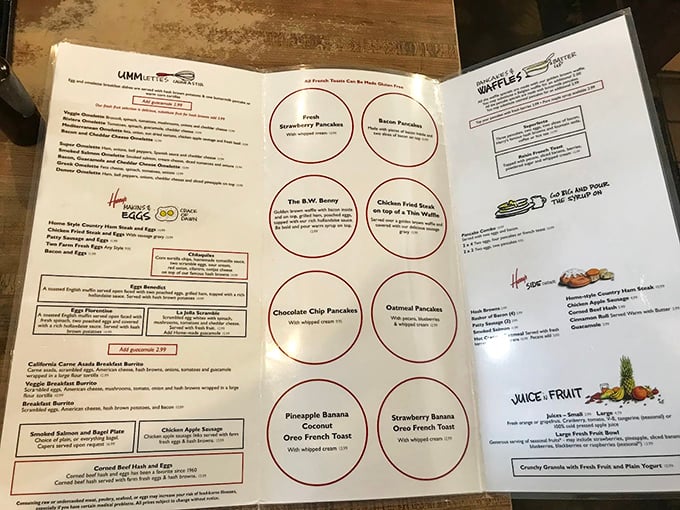 A menu that doesn't need fancy fonts or pretentious descriptions—just straightforward breakfast magic that speaks directly to your hunger.