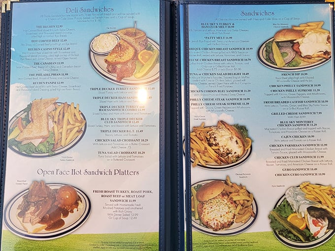 The menu tells the real story – extensive offerings spanning breakfast to dinner, with each photo promising satisfaction rather than pretension.