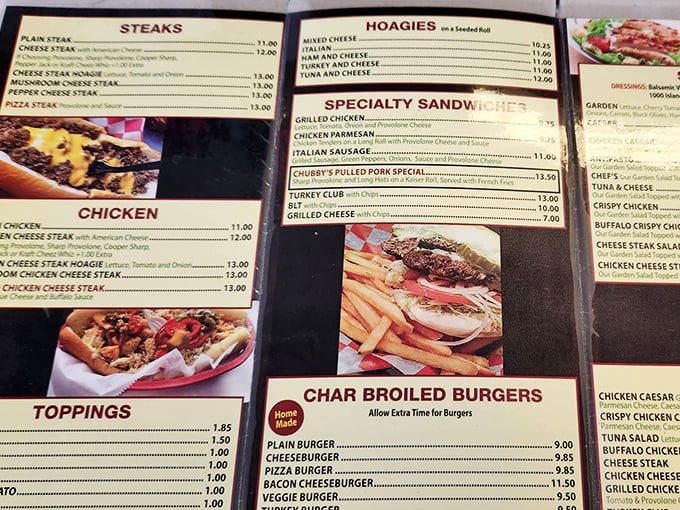 The menu at Chubby's reads like a love letter to Philadelphia's sandwich heritage. Each option more tempting than the last.