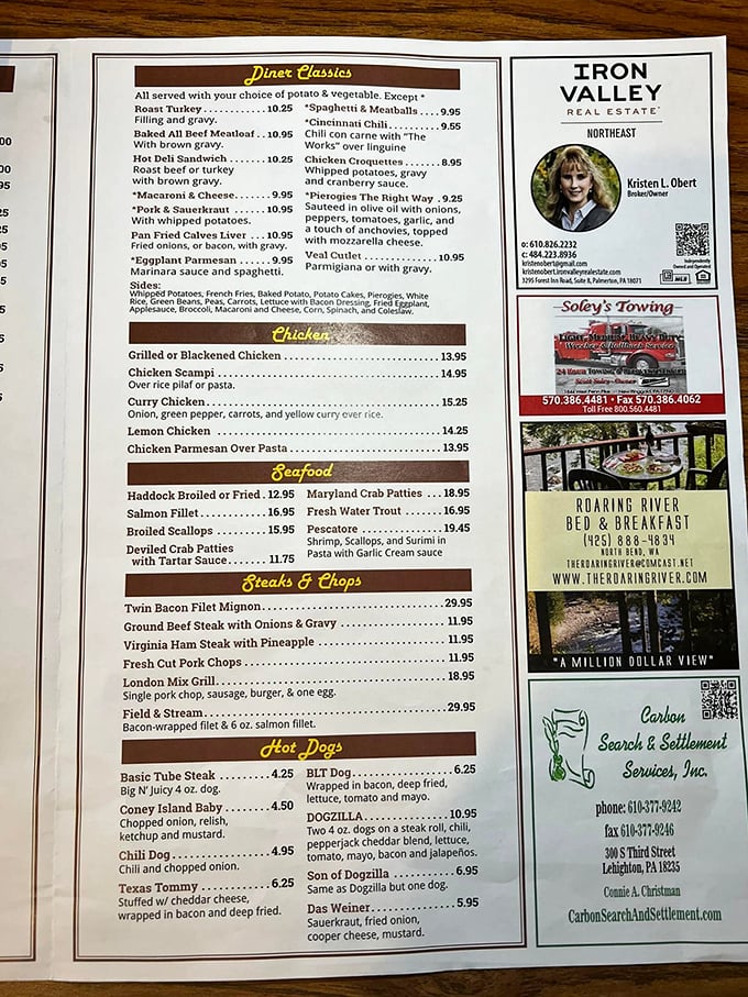 This menu isn't just a list of food – it's a roadmap to happiness with "Diner Classics" that have stood the test of time.