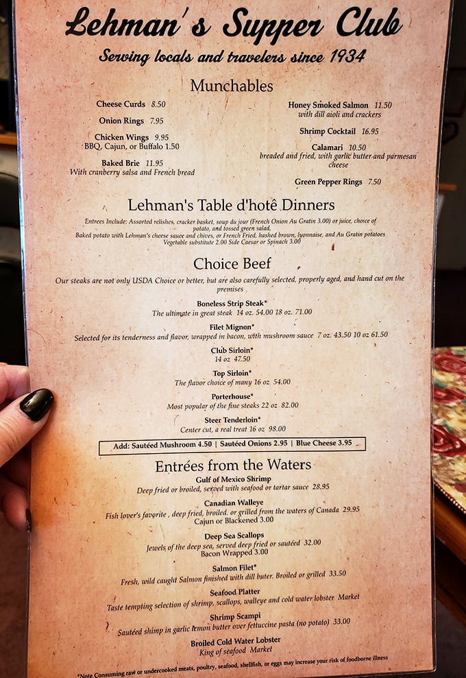 The menu reads like a love letter to Midwest dining traditions—where "Choice Beef" isn't just a grade, it's a philosophy.