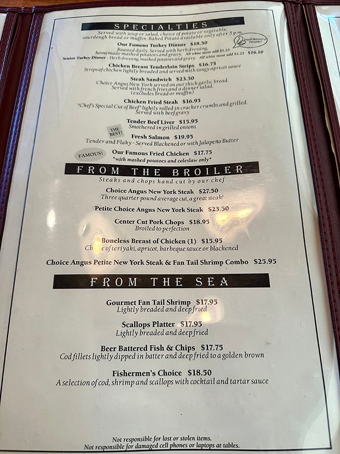 The menu reads like a greatest hits album of American classics, with the turkey dinner getting top billing for good reason—it's the headliner that never disappoints.