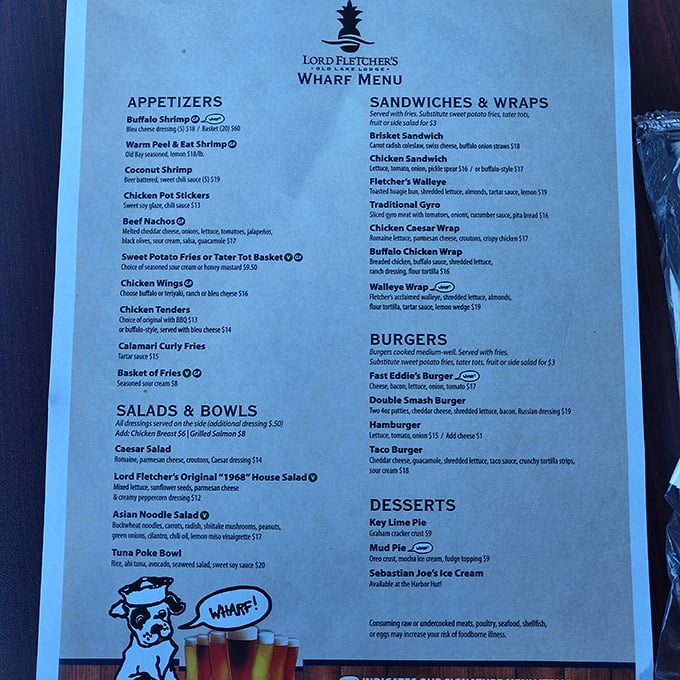 The Wharf Menu reads like a love letter to lakeside dining—where decisions are harder than parallel parking your pontoon on a busy Saturday.