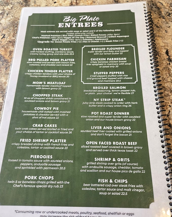 This menu reads like a love letter to American comfort classics. Each description promises a plate that hugs your soul.