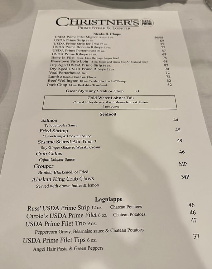 A menu that doesn't need emojis or QR codes—just straightforward promises of prime beef and seafood that make vegetarians question their life choices.