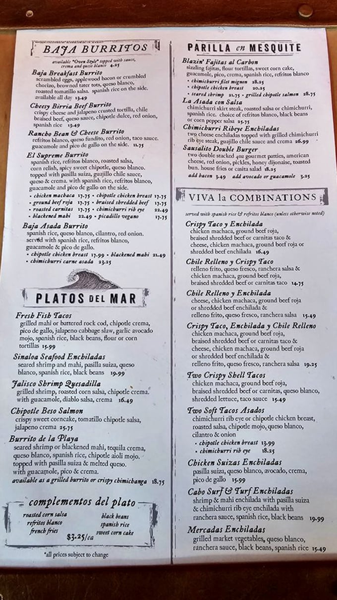 This menu isn't just a list of dishes—it's a treasure map where X marks the Jalisco Shrimp Quesadilla, the culinary gold that brings locals back weekly.