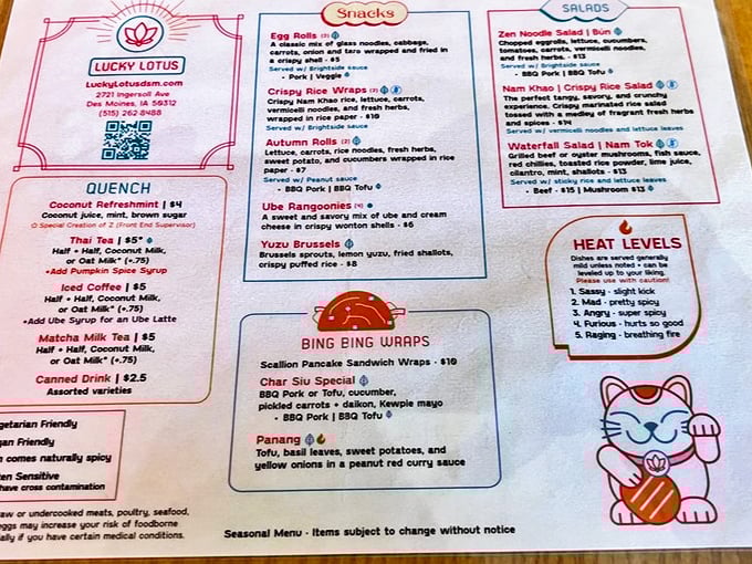 A menu that clearly marks heat levels and dietary options—because nobody wants surprise habaneros ruining their lunch date.