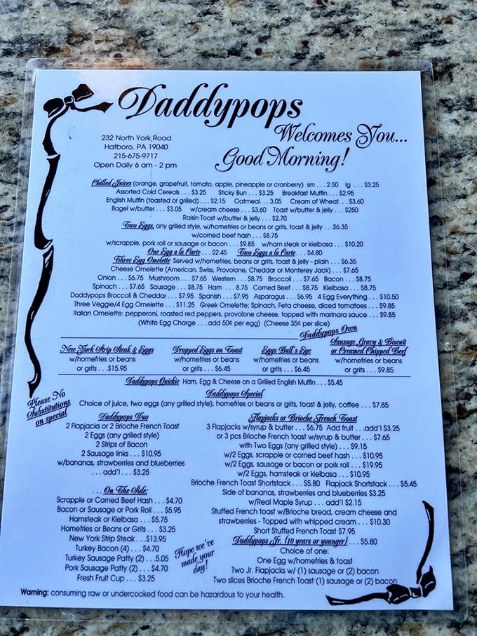 A menu that doesn't need fancy fonts or pretentious descriptions—just honest breakfast classics that have stood the test of time.