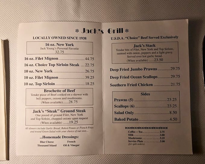 The menu at Jack's doesn't need fancy fonts or trendy descriptions—when you've perfected steak since 1938, simplicity speaks volumes.