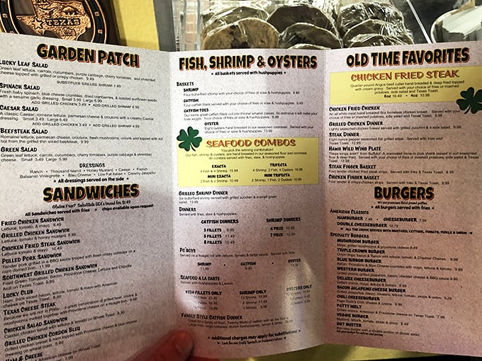 This menu isn't just reading material—it's a roadmap to happiness. Each section promises comfort food nirvana with Texas-sized portions.